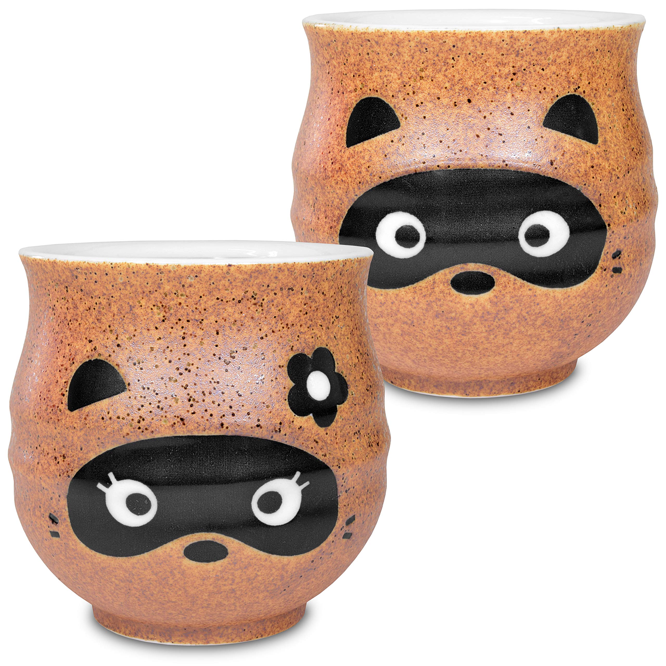 Mino Ware Traditional Japanese Yunomi Tea Cups, Boy & Girl Tanuki Japanese Racoon Dog Design for Green Tea, Matcha Tea