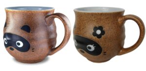 japanese porcelain h3.5 inches 11.1 fluid ounces sushi tea cup mug brown tanuki raccoon dog set of 2 made in japan