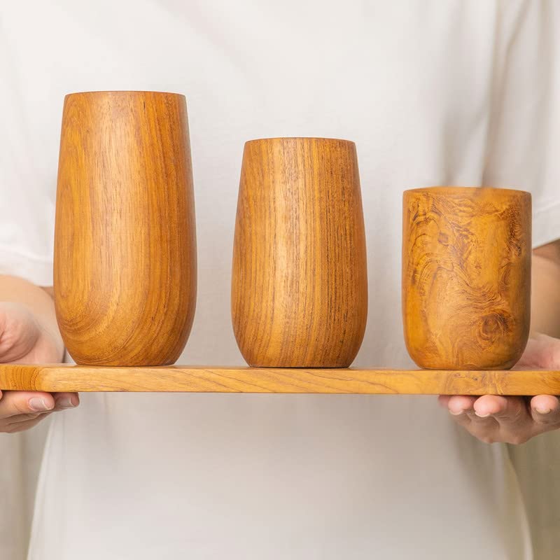 Rainforest Bowls Set of 3 Rounded Javanese Teak Wood Cups - Great for Tea/Coffee/Milk, Hot & Cold Drinks - Ultra-Durable - Premium Wooden Cup Handcrafted by Indonesian Artisans