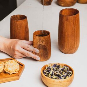 Rainforest Bowls Set of 3 Rounded Javanese Teak Wood Cups - Great for Tea/Coffee/Milk, Hot & Cold Drinks - Ultra-Durable - Premium Wooden Cup Handcrafted by Indonesian Artisans