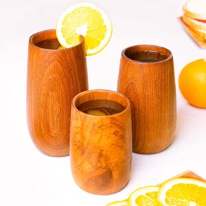 Rainforest Bowls Set of 3 Rounded Javanese Teak Wood Cups - Great for Tea/Coffee/Milk, Hot & Cold Drinks - Ultra-Durable - Premium Wooden Cup Handcrafted by Indonesian Artisans