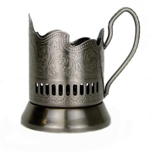 Neman GHOLD Podstakannik for Hot Beverages, Metal Glass Holder w/Handle and Floral Pattern