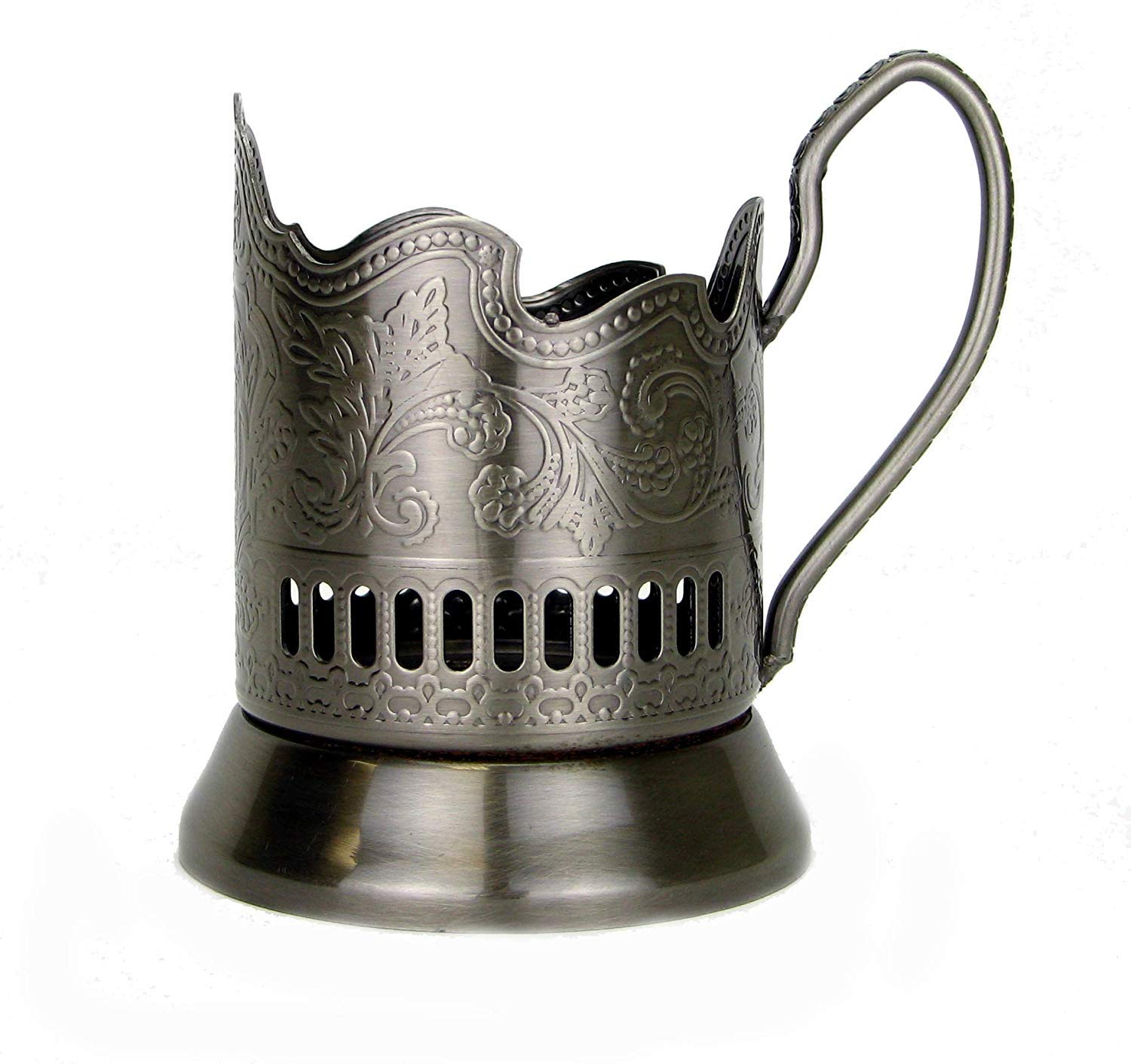 Neman GHOLD Podstakannik for Hot Beverages, Metal Glass Holder w/Handle and Floral Pattern