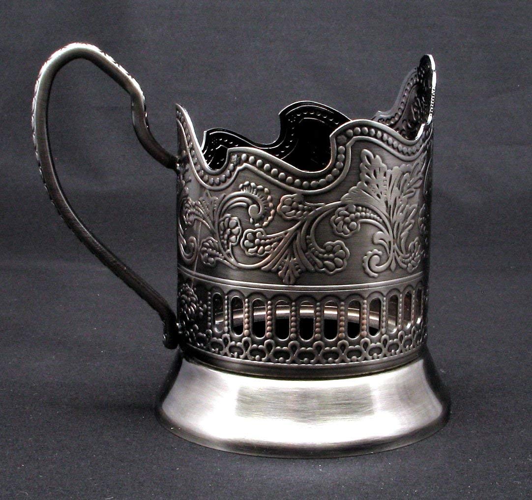 Neman GHOLD Podstakannik for Hot Beverages, Metal Glass Holder w/Handle and Floral Pattern