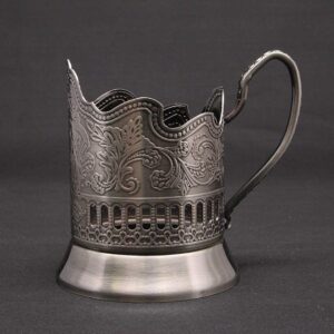 Neman GHOLD Podstakannik for Hot Beverages, Metal Glass Holder w/Handle and Floral Pattern