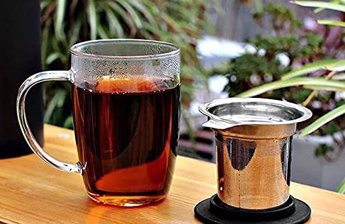 Prime Tea - Glass Teacup with Tea Infuser, 16oz / 470 ml, Hand Blown, Single Wall, Heat Resistance Borosilicate Glass Teacups for Blooming Tea & Loose Leaf Tea, Microwave & Dishwasher Safe (Black)