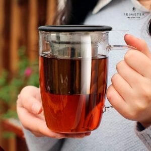 Prime Tea - Glass Teacup with Tea Infuser, 16oz / 470 ml, Hand Blown, Single Wall, Heat Resistance Borosilicate Glass Teacups for Blooming Tea & Loose Leaf Tea, Microwave & Dishwasher Safe (Black)