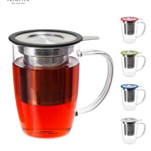 Prime Tea - Glass Teacup with Tea Infuser, 16oz / 470 ml, Hand Blown, Single Wall, Heat Resistance Borosilicate Glass Teacups for Blooming Tea & Loose Leaf Tea, Microwave & Dishwasher Safe (Black)