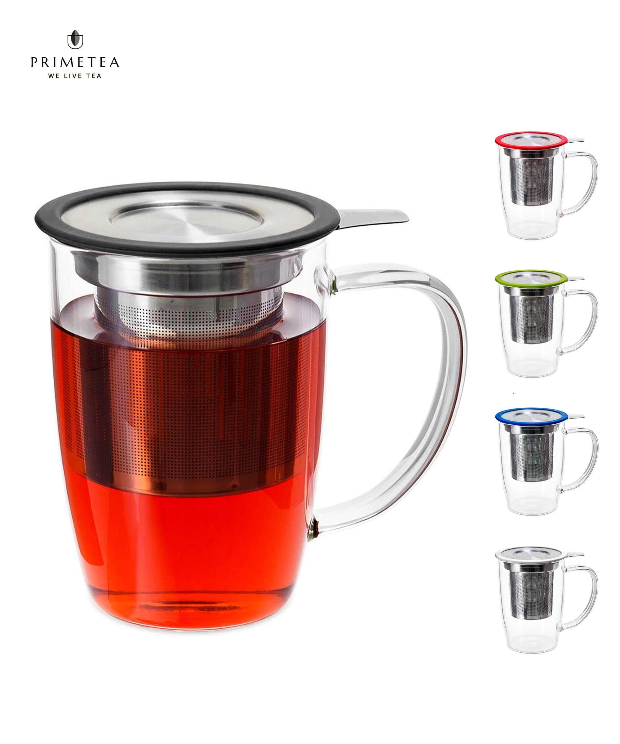 Prime Tea - Glass Teacup with Tea Infuser, 16oz / 470 ml, Hand Blown, Single Wall, Heat Resistance Borosilicate Glass Teacups for Blooming Tea & Loose Leaf Tea, Microwave & Dishwasher Safe (Black)