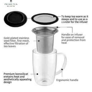 Prime Tea - Glass Teacup with Tea Infuser, 16oz / 470 ml, Hand Blown, Single Wall, Heat Resistance Borosilicate Glass Teacups for Blooming Tea & Loose Leaf Tea, Microwave & Dishwasher Safe (Black)