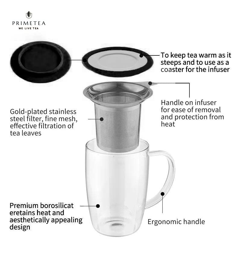 Prime Tea - Glass Teacup with Tea Infuser, 16oz / 470 ml, Hand Blown, Single Wall, Heat Resistance Borosilicate Glass Teacups for Blooming Tea & Loose Leaf Tea, Microwave & Dishwasher Safe (Black)