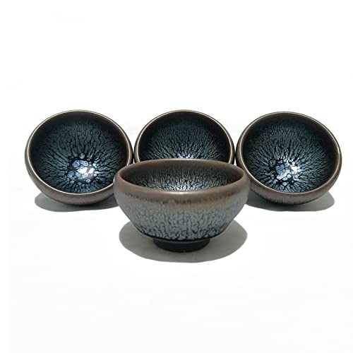 Tenmokus Tea Cup, 4PCS 50ml Chinese Small Cups, Oilspot Glaze Jian Zhan Fired in Kiln Centries' Craftsmenship Porcelain Tea Bowl Perfect for Tea Ceremony