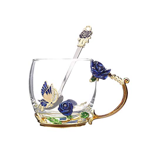 Tea Mug,Coffee Spoons,Glass Tea Cups,Coffee Cups Glass,Glass Mugs with Handles,Tea Lovers Gifts for Women,Butterfly Gifts for Women,Tea Sets for Women, Gift Ideas for Women. (Dwarf Blue Rose Tea Cup)