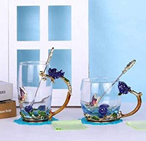 Tea Mug,Coffee Spoons,Glass Tea Cups,Coffee Cups Glass,Glass Mugs with Handles,Tea Lovers Gifts for Women,Butterfly Gifts for Women,Tea Sets for Women, Gift Ideas for Women. (Dwarf Blue Rose Tea Cup)