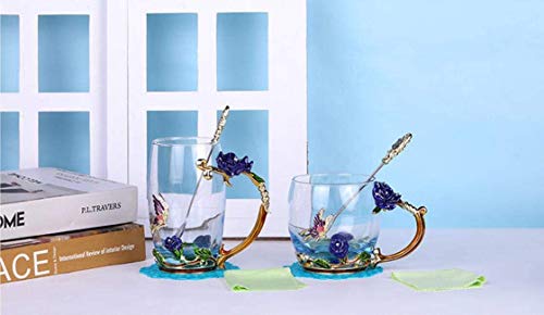 Tea Mug,Coffee Spoons,Glass Tea Cups,Coffee Cups Glass,Glass Mugs with Handles,Tea Lovers Gifts for Women,Butterfly Gifts for Women,Tea Sets for Women, Gift Ideas for Women. (Dwarf Blue Rose Tea Cup)