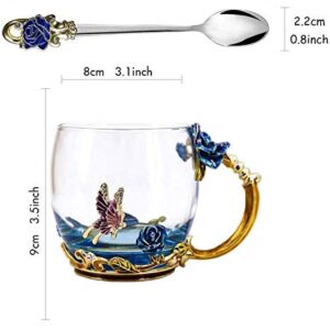 Tea Mug,Coffee Spoons,Glass Tea Cups,Coffee Cups Glass,Glass Mugs with Handles,Tea Lovers Gifts for Women,Butterfly Gifts for Women,Tea Sets for Women, Gift Ideas for Women. (Dwarf Blue Rose Tea Cup)