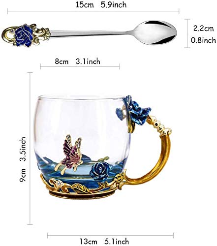 Tea Mug,Coffee Spoons,Glass Tea Cups,Coffee Cups Glass,Glass Mugs with Handles,Tea Lovers Gifts for Women,Butterfly Gifts for Women,Tea Sets for Women, Gift Ideas for Women. (Dwarf Blue Rose Tea Cup)