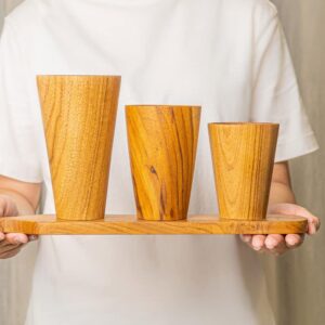 Rainforest Bowls Set of 2 Small Straight Sided Javanese Teak Wood Cup- 200ml (6.8oz)- Great for Tea/Coffee/Milk, Hot & Cold Drinks- Ultra-Durable- Premium Wooden Cup Handcrafted by Indonesian Artisans