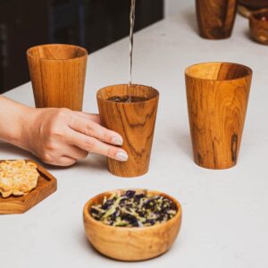 Rainforest Bowls Set of 2 Small Straight Sided Javanese Teak Wood Cup- 200ml (6.8oz)- Great for Tea/Coffee/Milk, Hot & Cold Drinks- Ultra-Durable- Premium Wooden Cup Handcrafted by Indonesian Artisans