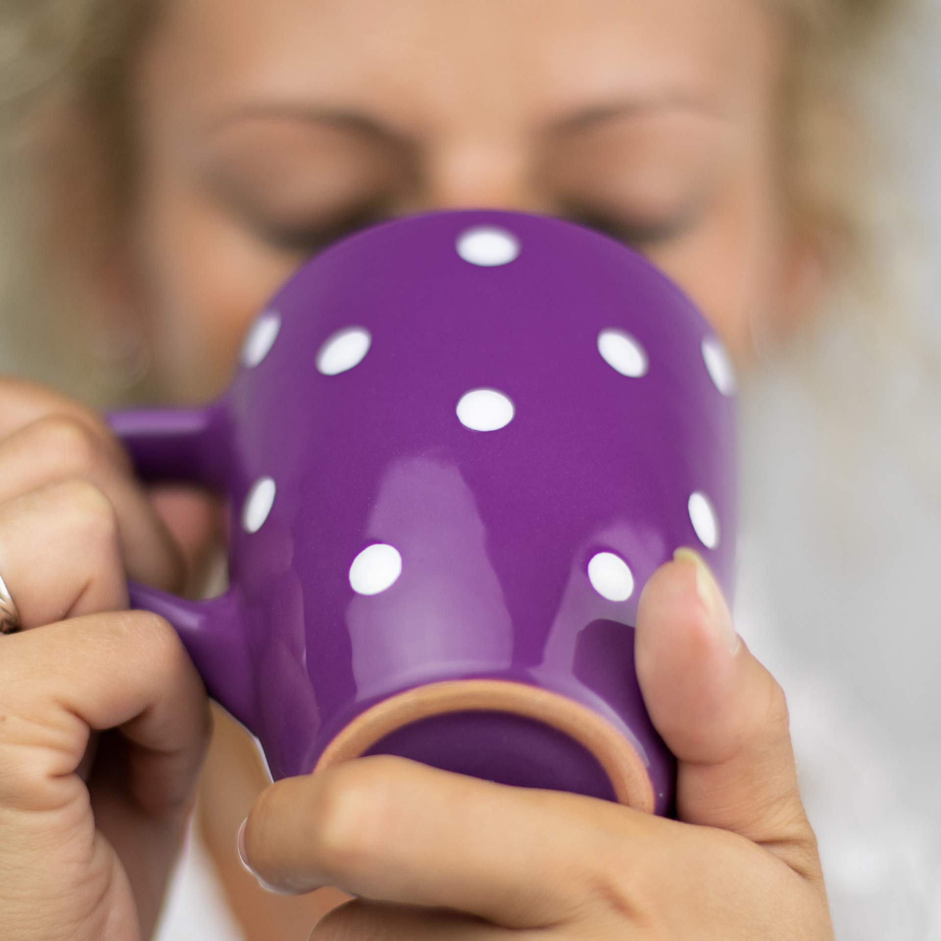 City to Cottage Handmade Purple and White Polka Dot Ceramic 10oz/300ml Hot Chocolate, Coffee, Tea Mug, Cup with Large Handle, Unique Designer Pottery for Tea Lovers