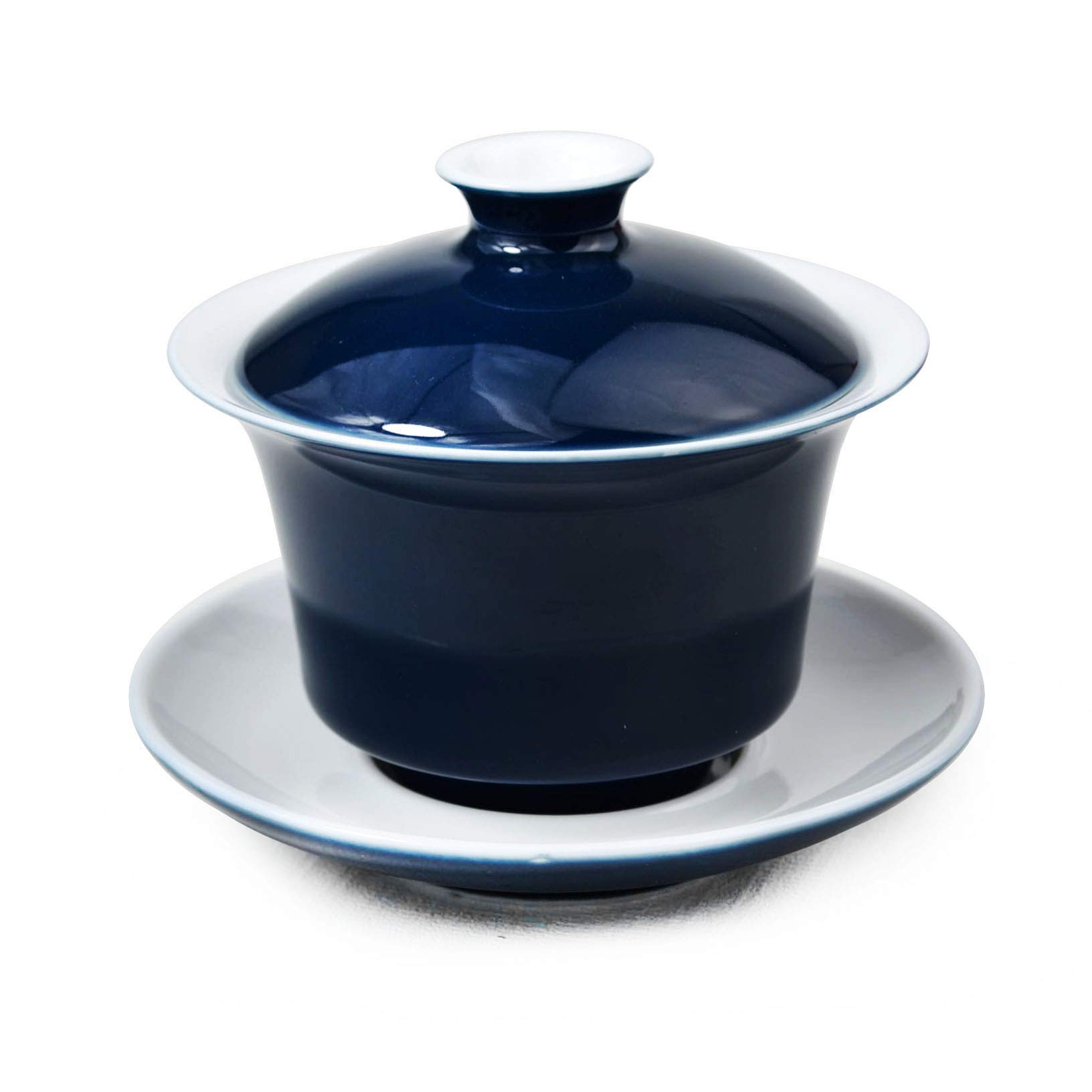 Liang baobao Porcelain Gaiwan 5oz/150ml Teacup White Glazed Tea Cup Tureen Chinese Sancai Cover Bowl Lid Saucer Set (Blue)