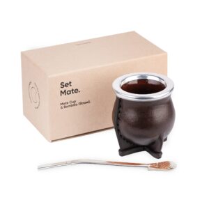 thebmate [camionero mate premium set yerba mate cup - crafted ceramic teacup - leather wrapped handmade in uruguay - set mate camionero, german silver bombilla straw, cleaning brush (dark brown)