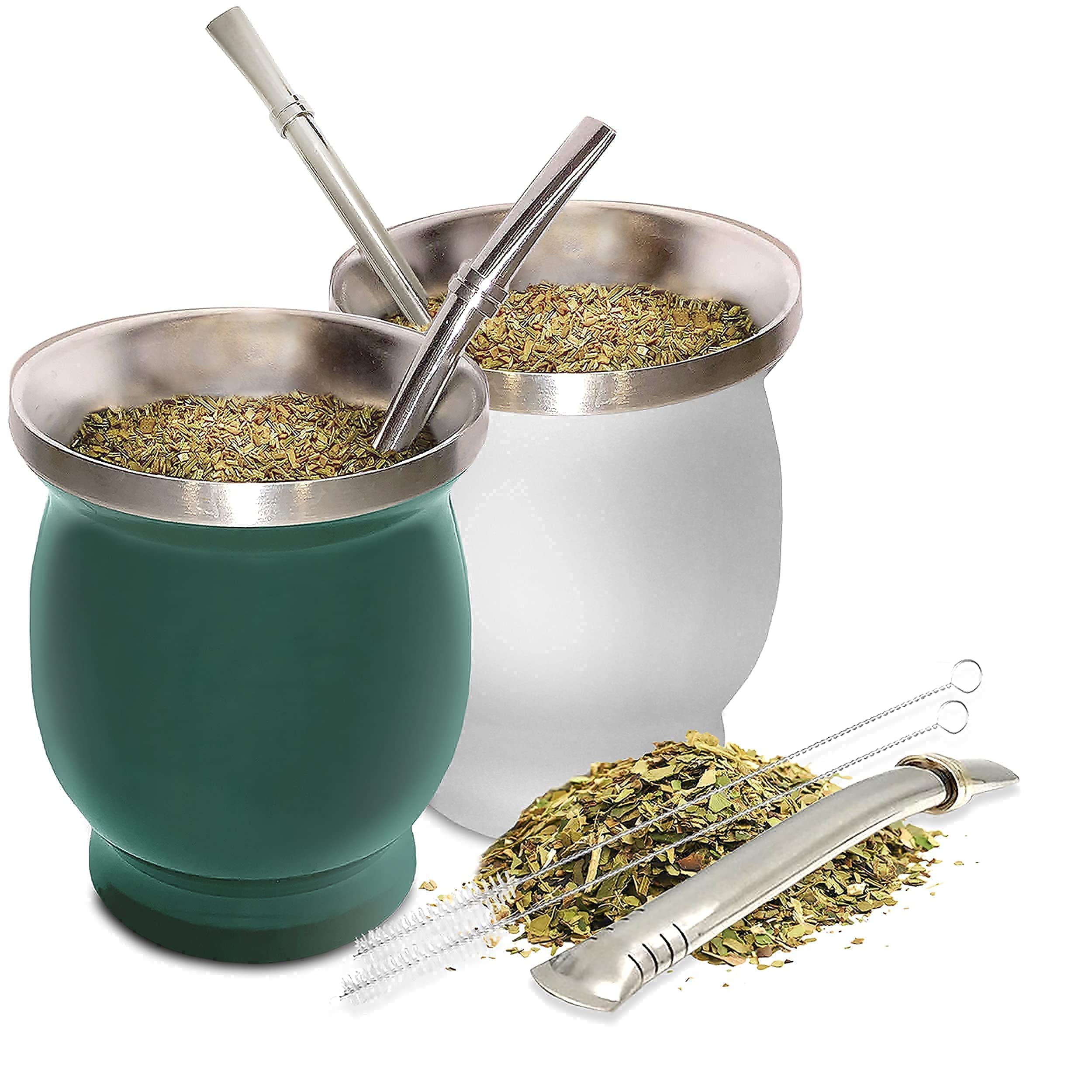 Norte White & Green Yerba Mate Natural Gourd/Tea Cup Set Bundle (Original Traditional Mate Cup - 8 Ounces) | Includes Bombillas (Yerba Mate Straws) & Cleaning Brush | Stainless Steel | Double-Walled