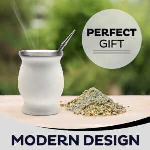 Norte White & Green Yerba Mate Natural Gourd/Tea Cup Set Bundle (Original Traditional Mate Cup - 8 Ounces) | Includes Bombillas (Yerba Mate Straws) & Cleaning Brush | Stainless Steel | Double-Walled