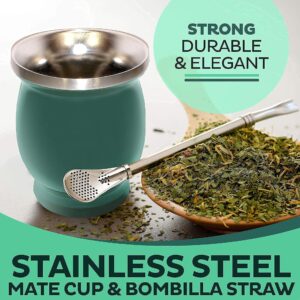 Norte White & Green Yerba Mate Natural Gourd/Tea Cup Set Bundle (Original Traditional Mate Cup - 8 Ounces) | Includes Bombillas (Yerba Mate Straws) & Cleaning Brush | Stainless Steel | Double-Walled