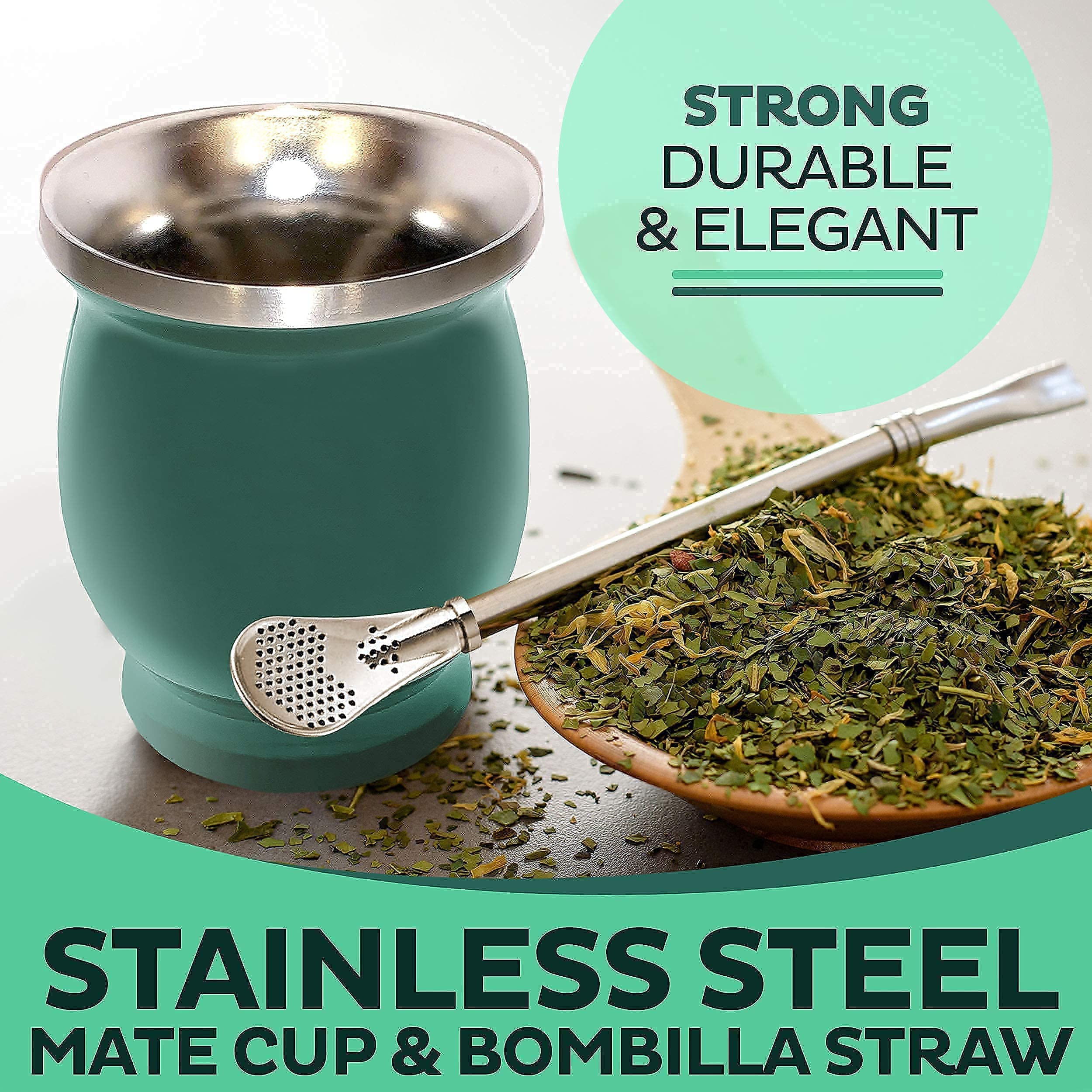 Norte White & Green Yerba Mate Natural Gourd/Tea Cup Set Bundle (Original Traditional Mate Cup - 8 Ounces) | Includes Bombillas (Yerba Mate Straws) & Cleaning Brush | Stainless Steel | Double-Walled