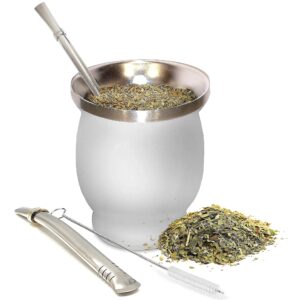 Norte White & Green Yerba Mate Natural Gourd/Tea Cup Set Bundle (Original Traditional Mate Cup - 8 Ounces) | Includes Bombillas (Yerba Mate Straws) & Cleaning Brush | Stainless Steel | Double-Walled