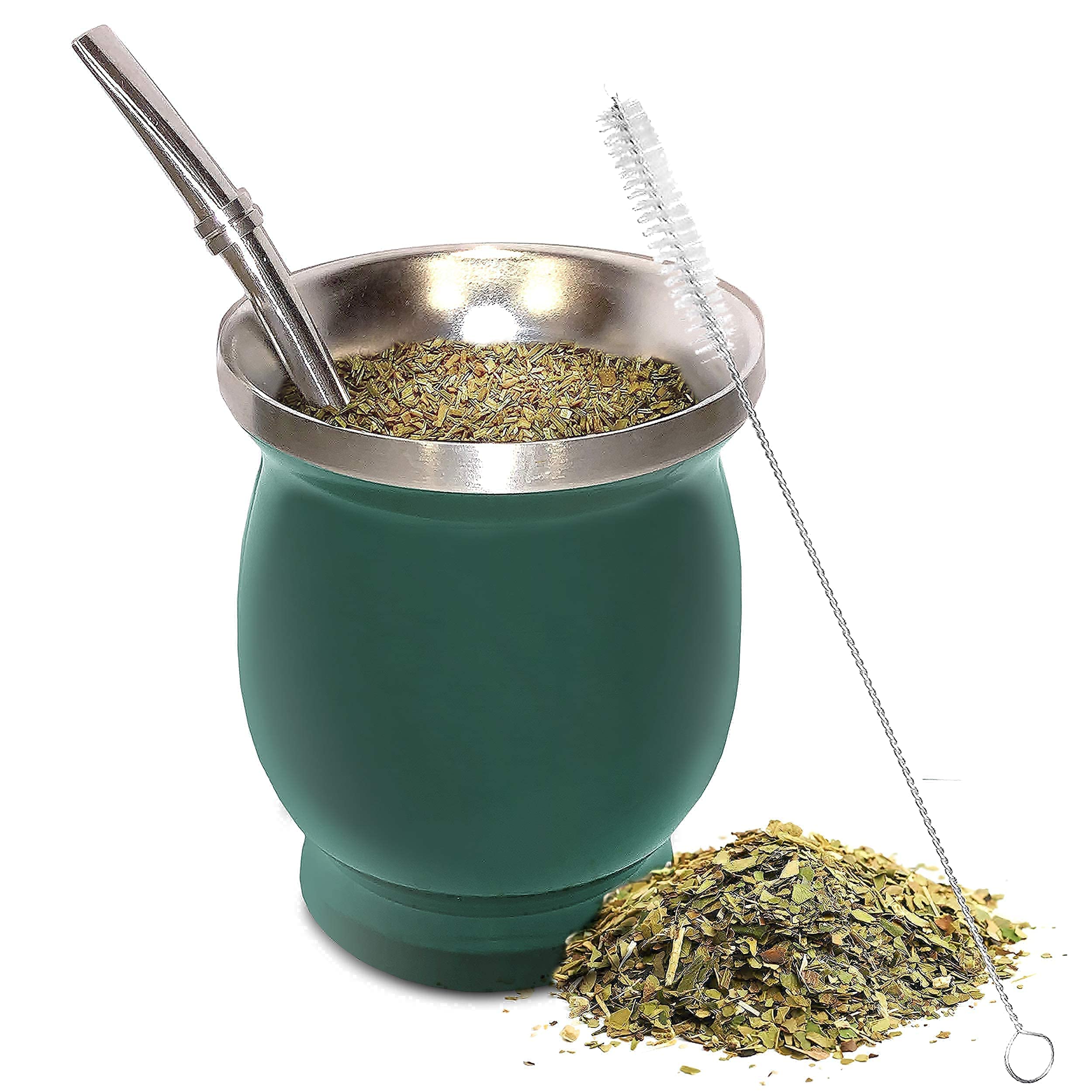 Norte White & Green Yerba Mate Natural Gourd/Tea Cup Set Bundle (Original Traditional Mate Cup - 8 Ounces) | Includes Bombillas (Yerba Mate Straws) & Cleaning Brush | Stainless Steel | Double-Walled