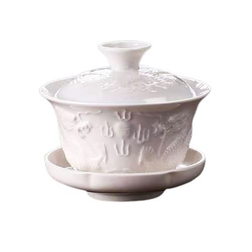 HonHeam Relief Dragon White Porcelain Gaiwan, Chinese Embossed Dragon Style White Ceamic Gaiwan, Kung Fu Tea Bowl Traditional Teacup (Yuan long)