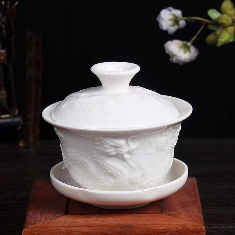 HonHeam Relief Dragon White Porcelain Gaiwan, Chinese Embossed Dragon Style White Ceamic Gaiwan, Kung Fu Tea Bowl Traditional Teacup (Yuan long)