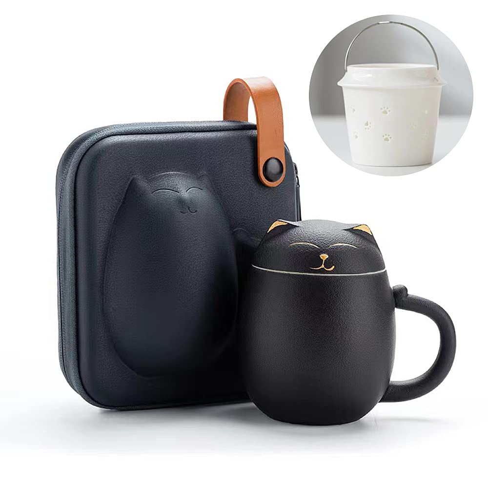 Rain House Cat Mugs with Infuser and Lid, Cute Tea Cups Kawaii Mug in Ceramic for Steeping Loose Leaf, Handmade Porcelain Teacup Teapot for Home Office, Portable Shatterproof Case 350ML (Black)