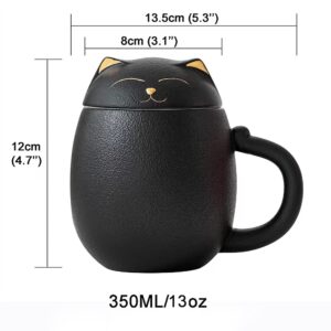 Rain House Cat Mugs with Infuser and Lid, Cute Tea Cups Kawaii Mug in Ceramic for Steeping Loose Leaf, Handmade Porcelain Teacup Teapot for Home Office, Portable Shatterproof Case 350ML (Black)