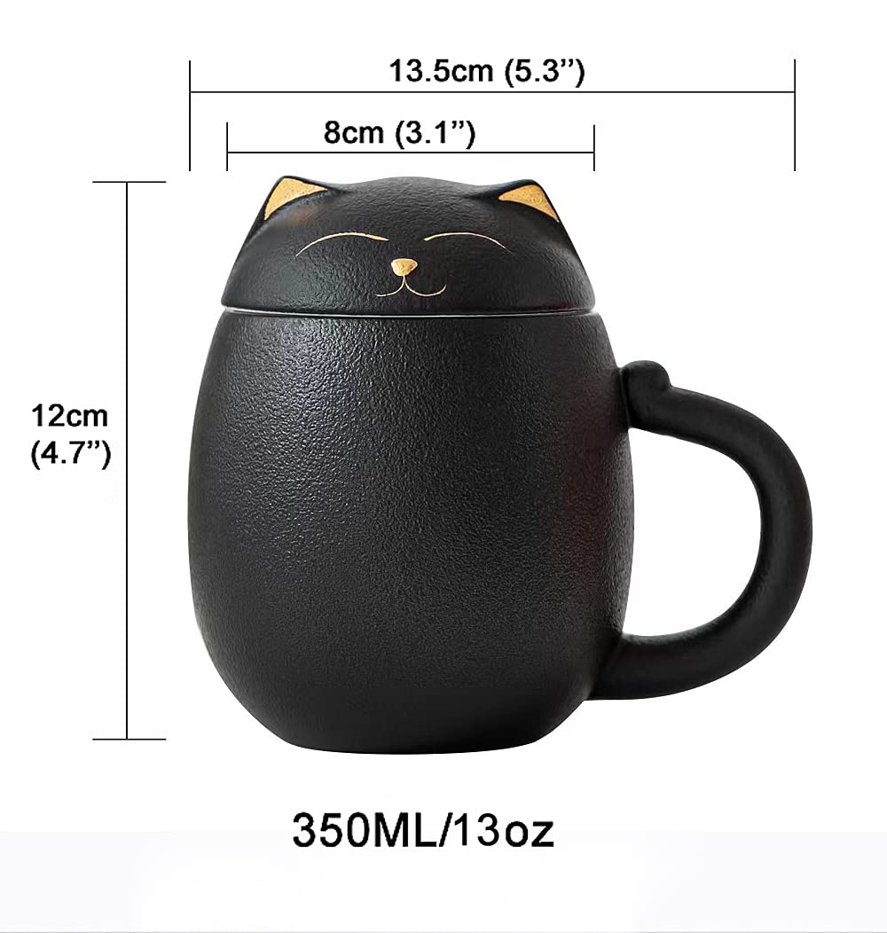 Rain House Cat Mugs with Infuser and Lid, Cute Tea Cups Kawaii Mug in Ceramic for Steeping Loose Leaf, Handmade Porcelain Teacup Teapot for Home Office, Portable Shatterproof Case 350ML (Black)