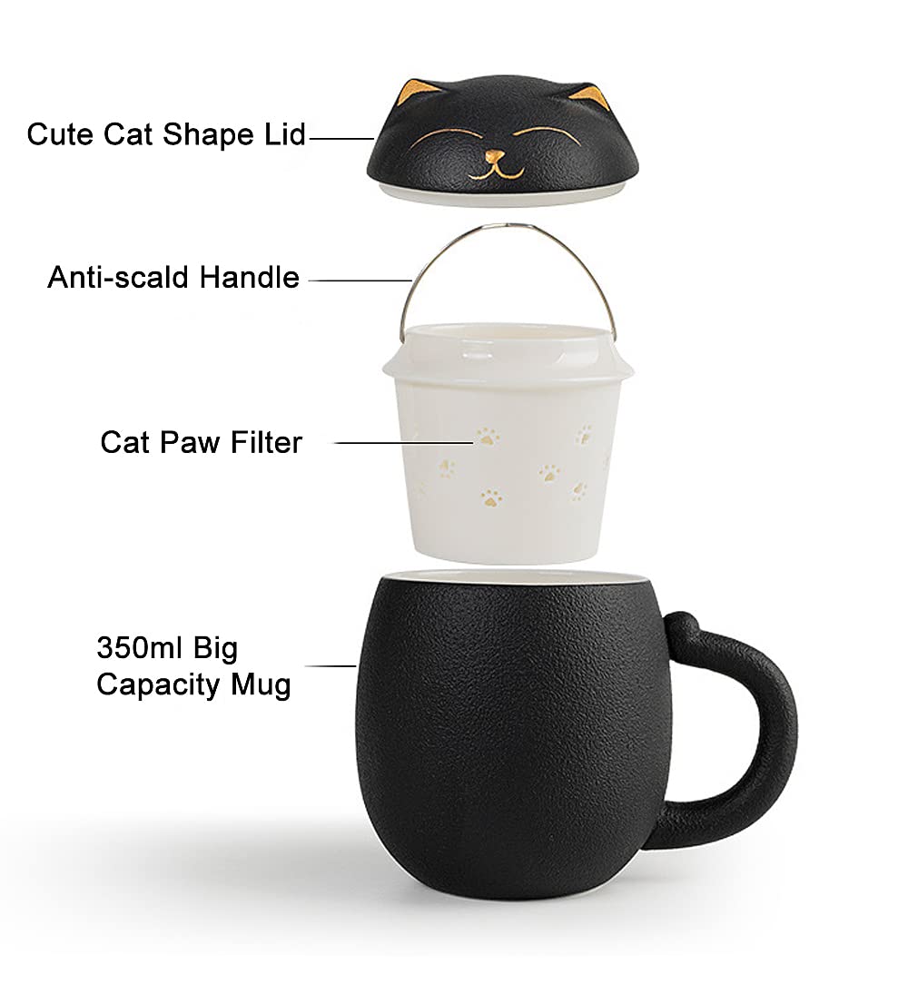 Rain House Cat Mugs with Infuser and Lid, Cute Tea Cups Kawaii Mug in Ceramic for Steeping Loose Leaf, Handmade Porcelain Teacup Teapot for Home Office, Portable Shatterproof Case 350ML (Black)