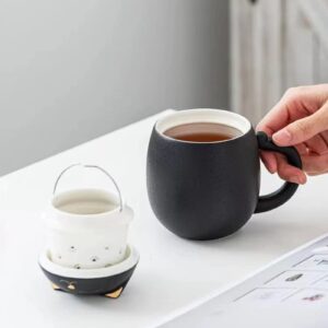 Rain House Cat Mugs with Infuser and Lid, Cute Tea Cups Kawaii Mug in Ceramic for Steeping Loose Leaf, Handmade Porcelain Teacup Teapot for Home Office, Portable Shatterproof Case 350ML (Black)