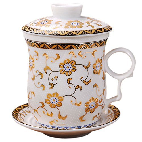 BandTie Convenient Travel Office Loose Leaf Tea Brewing System Teacup-Chinese Jingdezhen Blue and White Porcelain Tea Cup Infuser 5-Piece Set with Tea Cup Lid and Saucer ,Golden and White