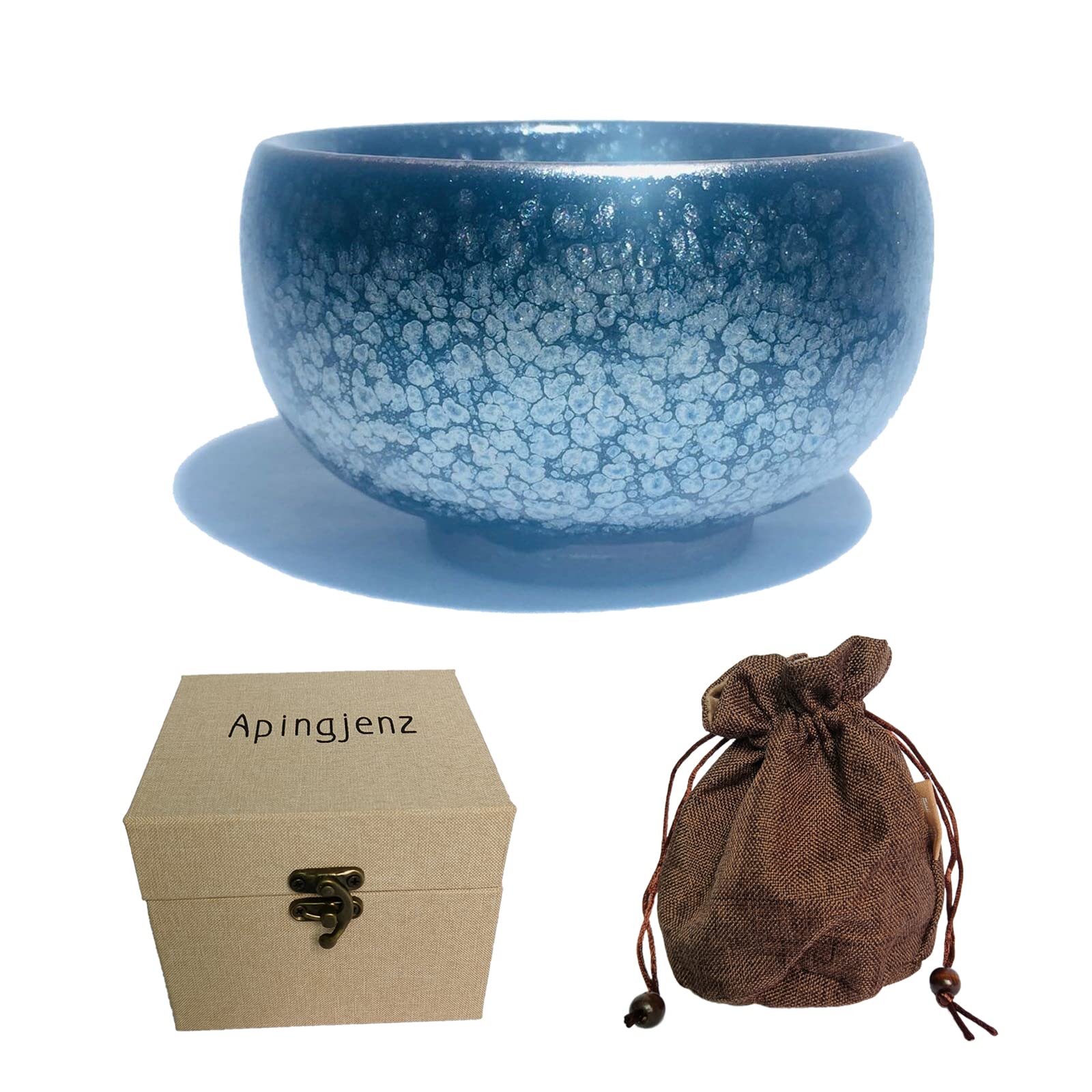 Apingjenz Chinese Traditional Tenmoku Tianmu Tea Cup Bowl Sky Eye Pattern Jianzhan 150ml 5.07oz Handmade Porcelain Crafts Gift Box,Blue,Ø9x5.8cm(Ø3.54inx2.28in)