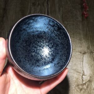 Apingjenz Chinese Traditional Tenmoku Tianmu Tea Cup Bowl Sky Eye Pattern Jianzhan 150ml 5.07oz Handmade Porcelain Crafts Gift Box,Blue,Ø9x5.8cm(Ø3.54inx2.28in)