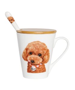 pet portrait porcelain water cup w lid & spoon (poodle(red))