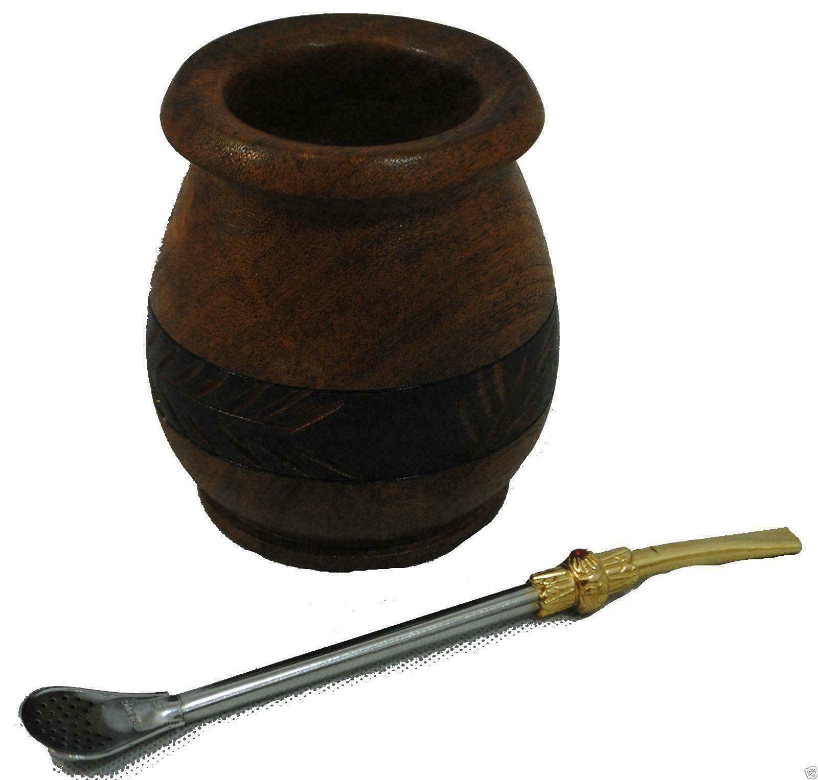 Fair Trade Bolivian Wooden Mate Cup and Metal Bombilla Straw