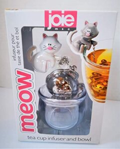 joie meow cat loose tea leaf tea infuser and bowl caddy, 18/8 stainless steel, assorted black and white