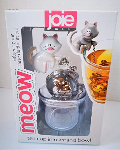 Joie Meow Cat Loose Tea Leaf Tea Infuser and Bowl Caddy, 18/8 Stainless Steel, Assorted Black and White