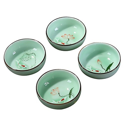 DELIFUR Porcelain Chinese Long-quan Celadon Teacup,kungfu Teacup, Fishes and Lotus Pattern,set of 5