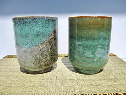 Mino Ware Japanese Traditional Yunomi Tea cups 8.45 Onces Set of 2 Authentic Aoshino Sensuji Design for Hot Green Tea Bancha Matcha Tea from Japan