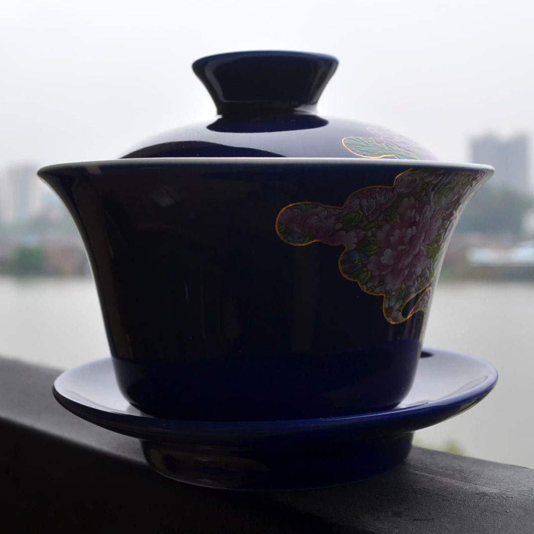 Yxhupot Gaiwan 5oz/150ml Blue White Porcelain Sancai Teacups Rich Peony Tureen(cloor flower)