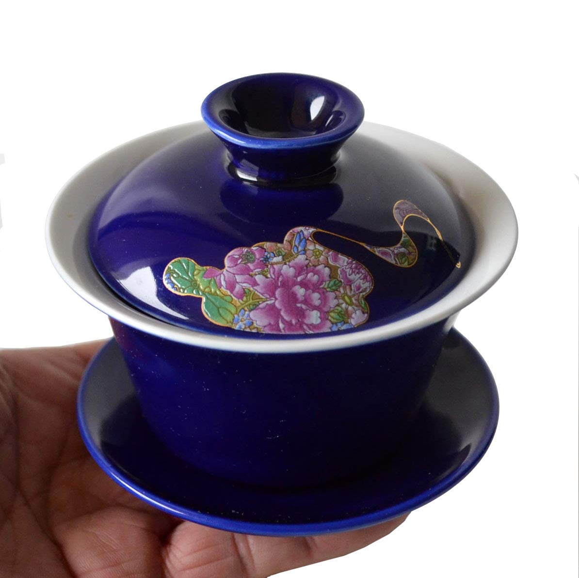 Yxhupot Gaiwan 5oz/150ml Blue White Porcelain Sancai Teacups Rich Peony Tureen(cloor flower)